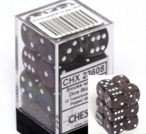 chessex dice d6 sets: smoke with white translucent - 16mm six sided die (12) block of dice