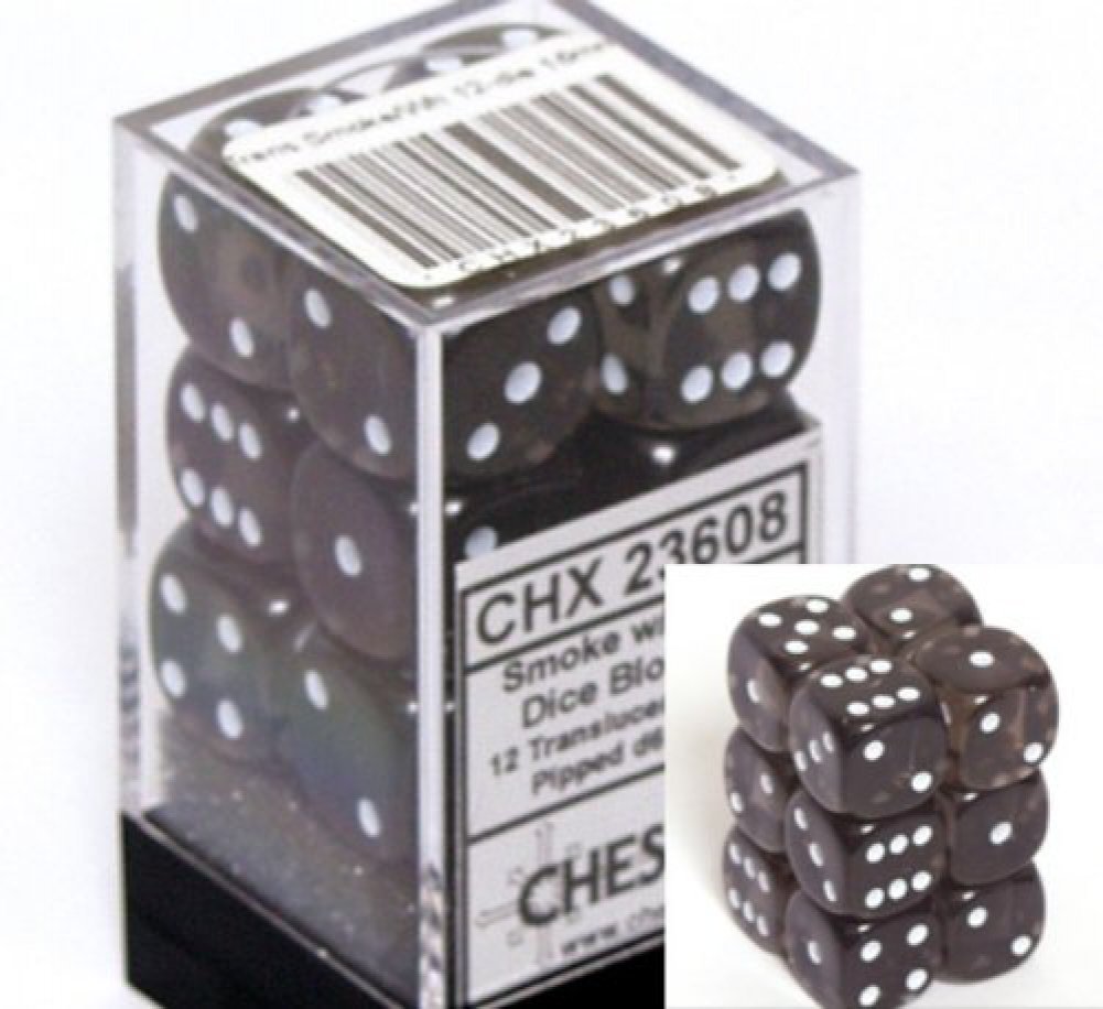 Chessex Dice d6 Sets: Smoke with White Translucent - 16mm Six Sided Die (12) Block of Dice