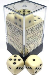 chessex dice d6 set: opaque ivory with black - 16mm six sided die (12) block of dice