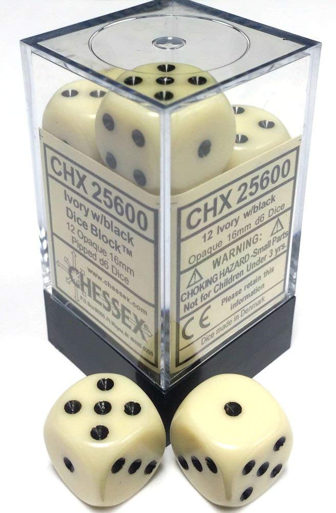 Chessex Dice d6 Set: Opaque Ivory with Black - 16mm Six Sided Die (12) Block of Dice