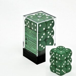 chessex opaque 16mm d6 dice block 12 pipped dice, green/white