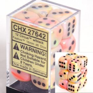 chessex dice d6 sets: festive circus with black - 16mm six sided die (12) block of dice, multicolor