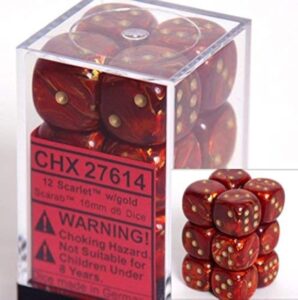 chessex dice d6 sets: scarab scarlet with gold - 16mm six sided die (12) block of dice, red