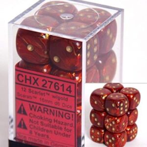 Chessex Dice D6 Sets: Scarab Scarlet with Gold - 16Mm Six Sided Die (12) Block of Dice, Red