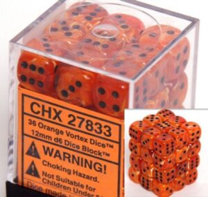 chessex dice d6 sets: vortex orange with black - 12mm six sided die (36) block of dice