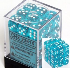 chessex dice d6 sets: teal with white translucent - 12mm six sided die (36) block of dice