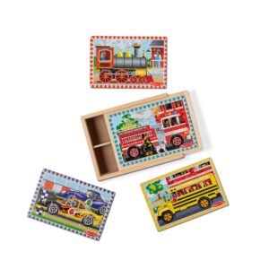 melissa & doug vehicles 4-in-1 wooden jigsaw puzzles in a storage box (48 pcs) - fsc certified