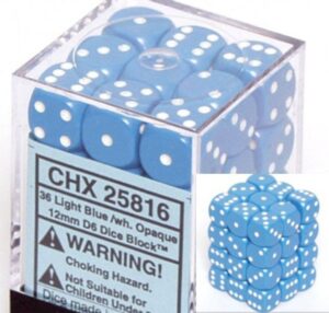 chessex dice d6 sets: opaque light blue with white - 12mm six sided die (36) block of dice