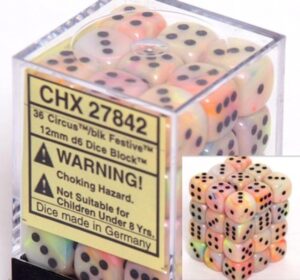 chessex dice d6 sets: festive circus with black - 12mm six sided die (36) block of dice