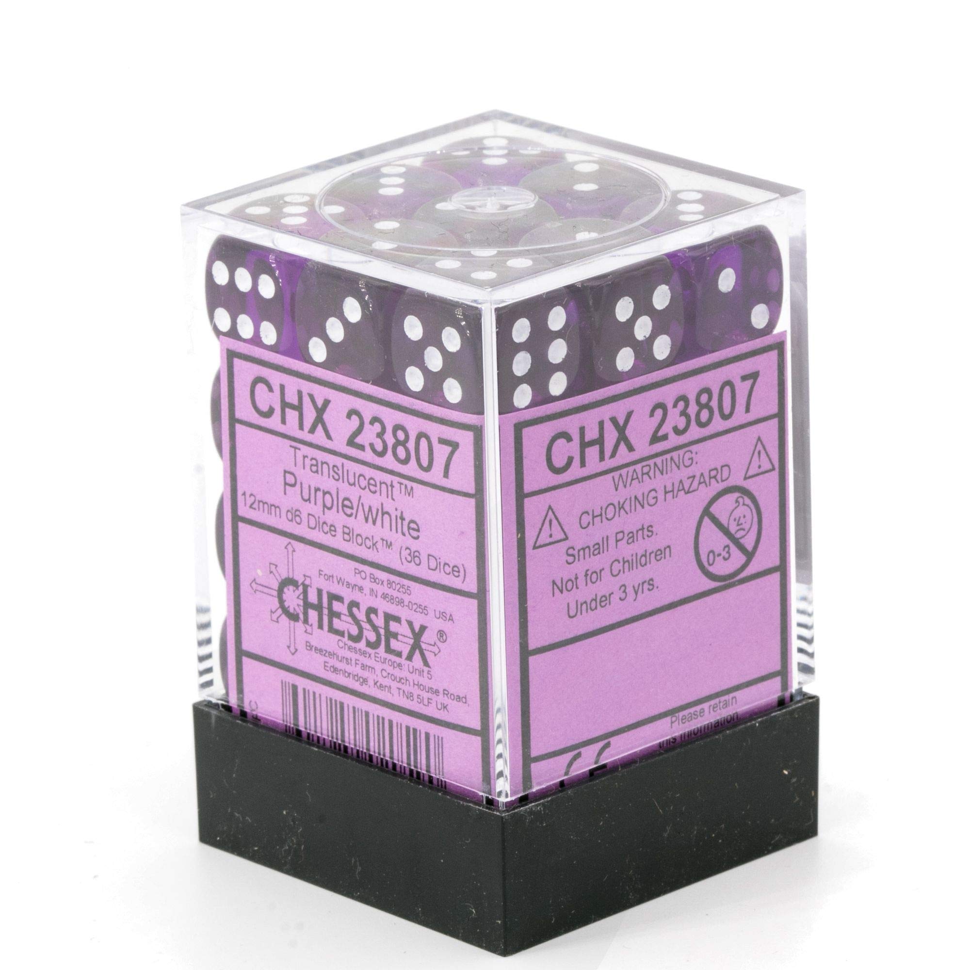 Chessex Dice D6 Sets: Purple with White Translucent - 12Mm Six Sided Die (36) Block of Dice