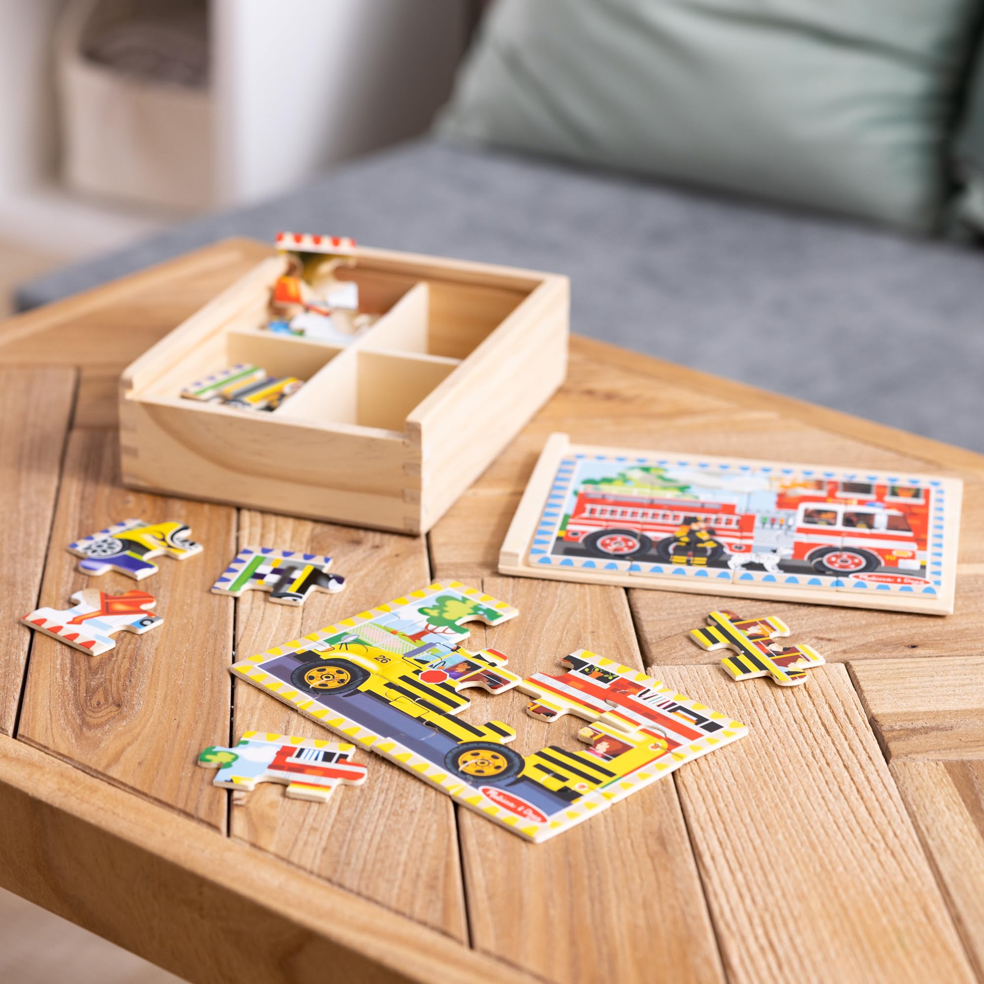 Melissa & Doug Vehicles 4-in-1 Wooden Jigsaw Puzzles in a Storage Box (48 pcs) - FSC Certified