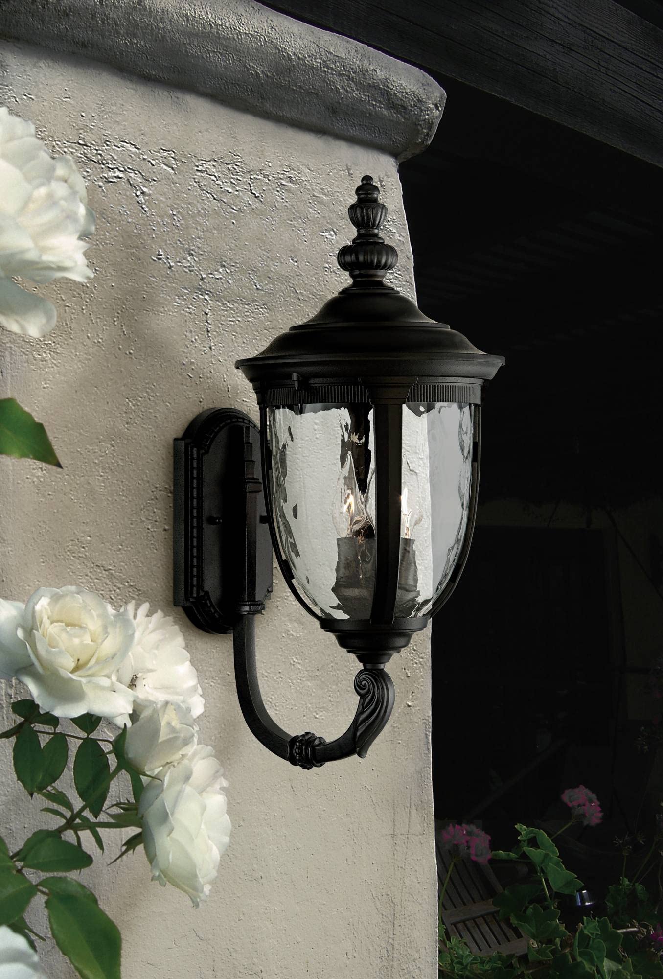 John Timberland Bellagio European Outdoor Wall Light Fixture Textured Black 21" Clear Hammered Glass Upbridge Arm for Exterior House Porch Patio Outside Deck Garage Yard Front Door Garden Home