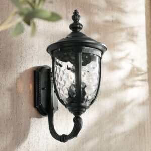 john timberland bellagio european outdoor wall light fixture textured black 21" clear hammered glass upbridge arm for exterior house porch patio outside deck garage yard front door garden home