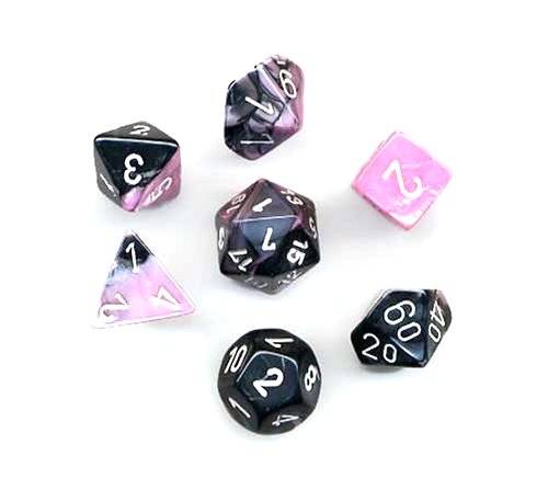 Chessex Polyhedral 7-Die Gemini Dice Set - Black-Pink with White CHX-26430