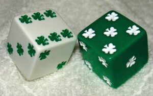 1" huge white and green shamrocks opaque dice pair