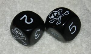 black with white skull and crossbones dice pair