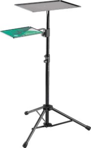 k&m konig & meyer 12150.000.55 laptop projector stand |tripod w/cross brace legs | clamp-on mouse/phone tray | height adjustable | ergonomic | folds compact | portable | german made | black