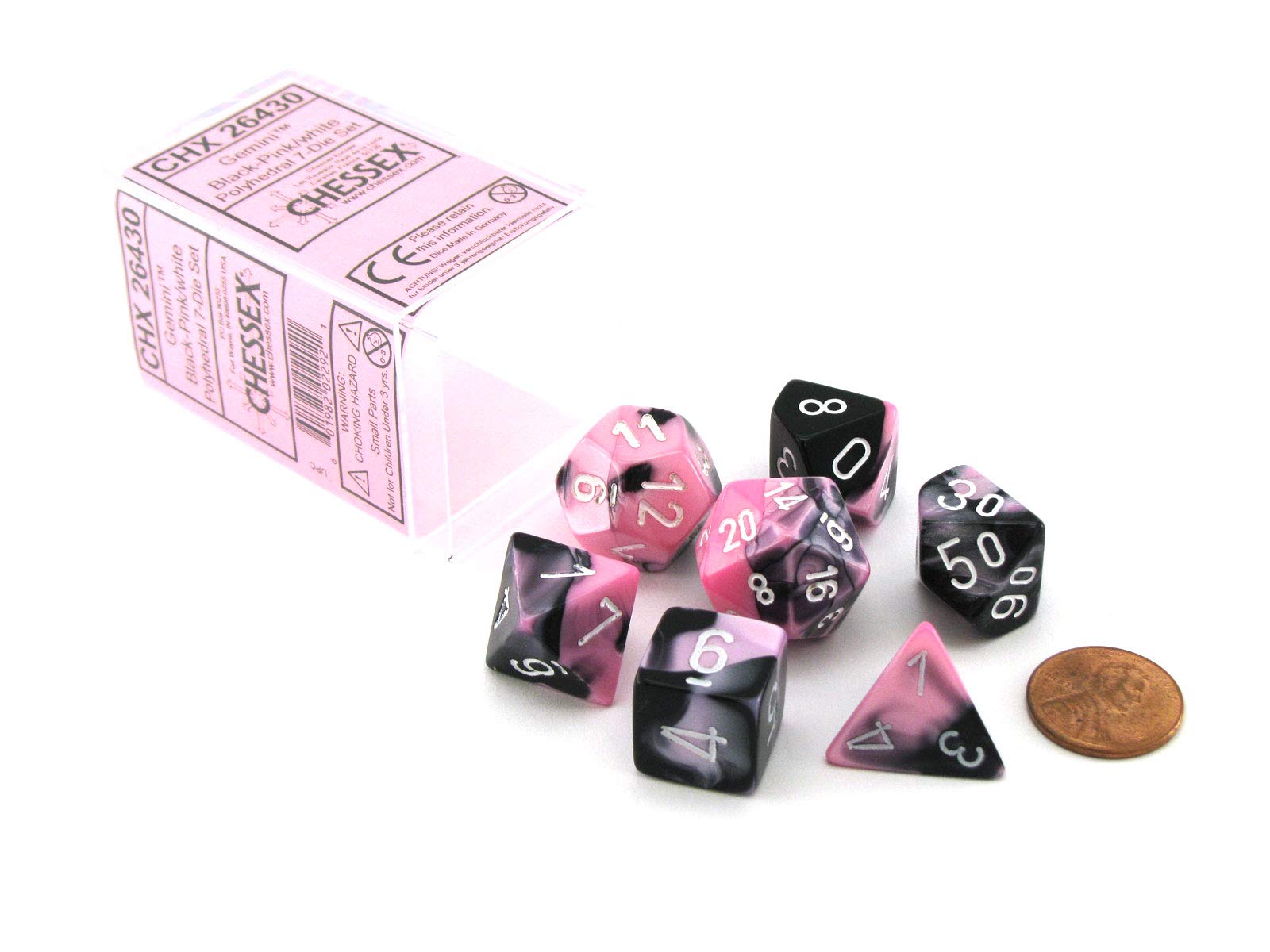 Chessex Polyhedral 7-Die Gemini Dice Set - Black-Pink with White CHX-26430