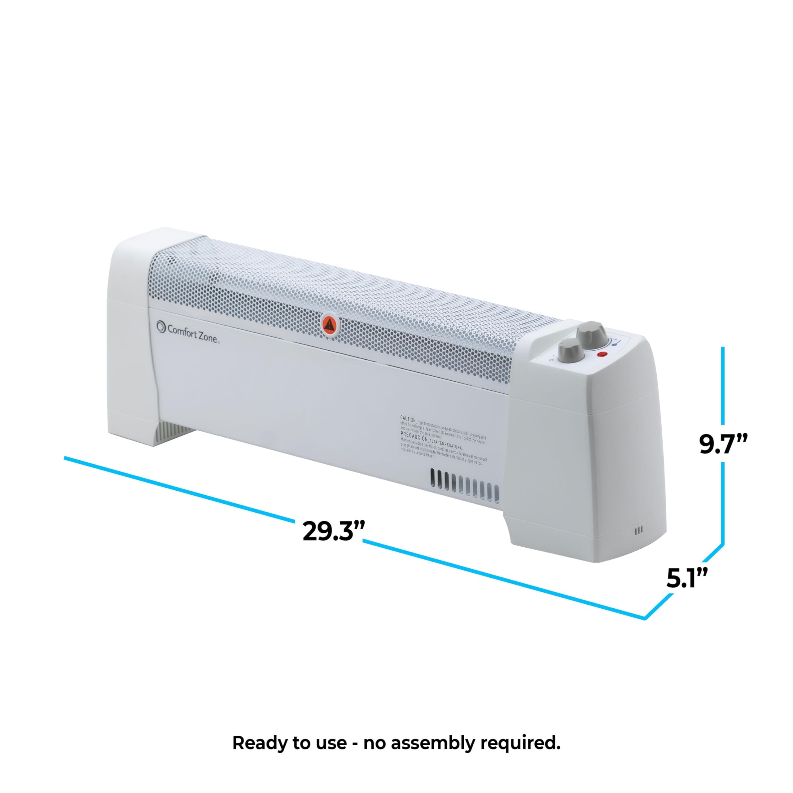 Comfort Zone Electric Baseboard Space Heater with Adjustable Thermostat, Dent-Proof End Panels, Overheat Protection, Tip-Over Switch, & Stay-Cool Body, Ideal for Home, Bedroom, & Office, 1,500W, CZ600