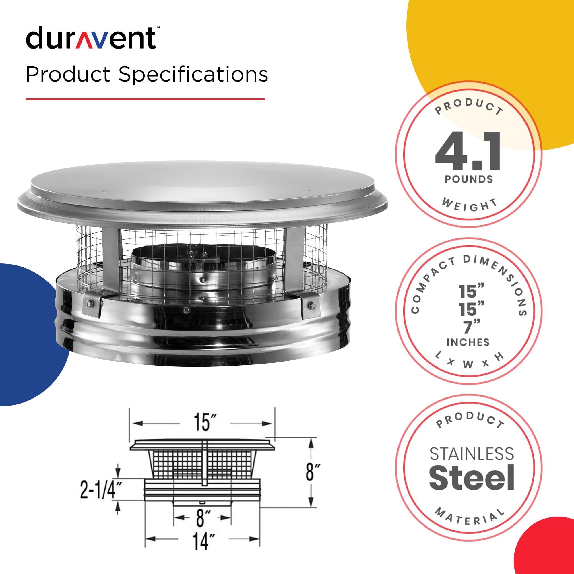 DuraVent DuraPlus 15 Inch Triple Wall Stainless Steel Round Chimney Cap with Removable Screws and Spark Arrestor Screen, Silver