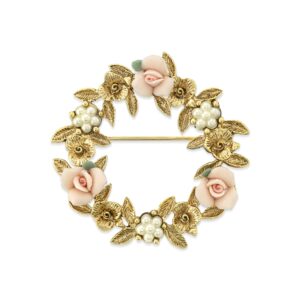 1928 jewelry 14k gold dipped pink porcelain rose wreath brooch