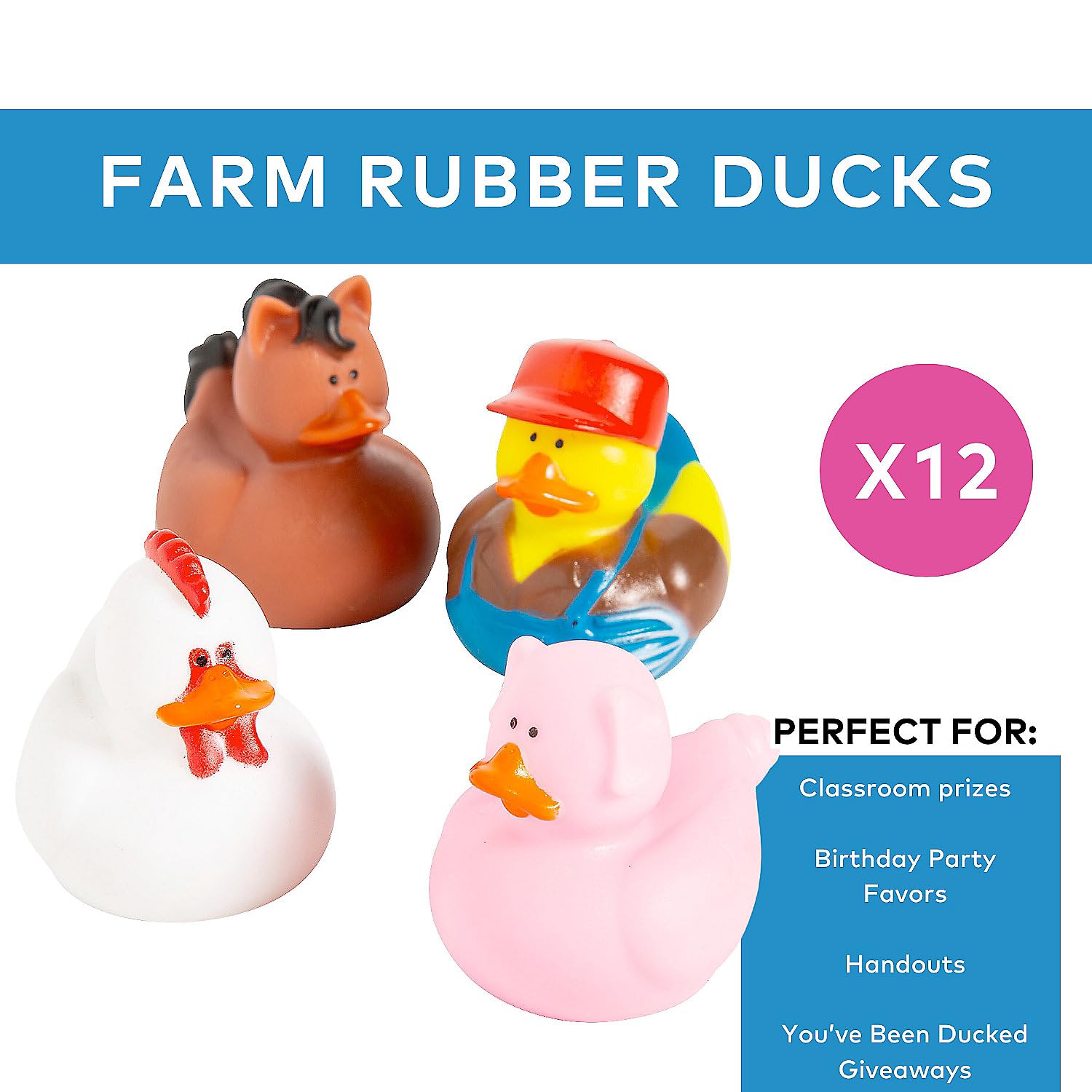 Fun Express Farm Rubber Ducks, Duckies, 12 Pieces, Birthday Parties, Treasure Chest Supplies