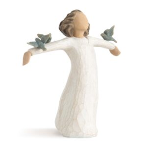 willow tree happiness, free to sing, laugh, dance, create, figure with 3 bluebirds on arms, gift for graduates or to encourage and support creative expression, sculpted hand-painted figure