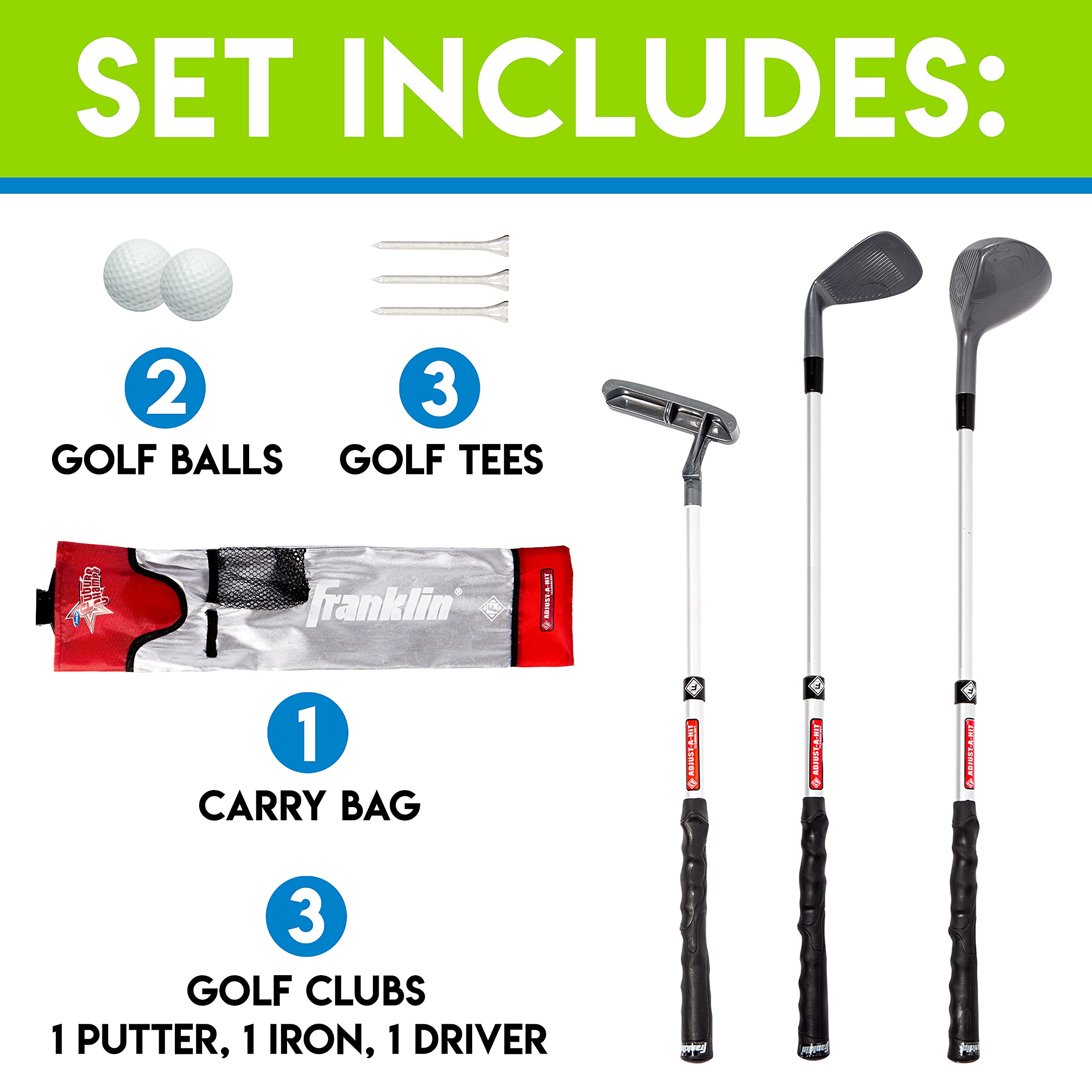 Franklin Sports Kids Golf Set - Youth Adjustable Plastic Golf Club Set - Kids Plastic Golf Set with Bag and Balls - Adjustable Length Clubs for Toddlers, Junior, Right hand, Red