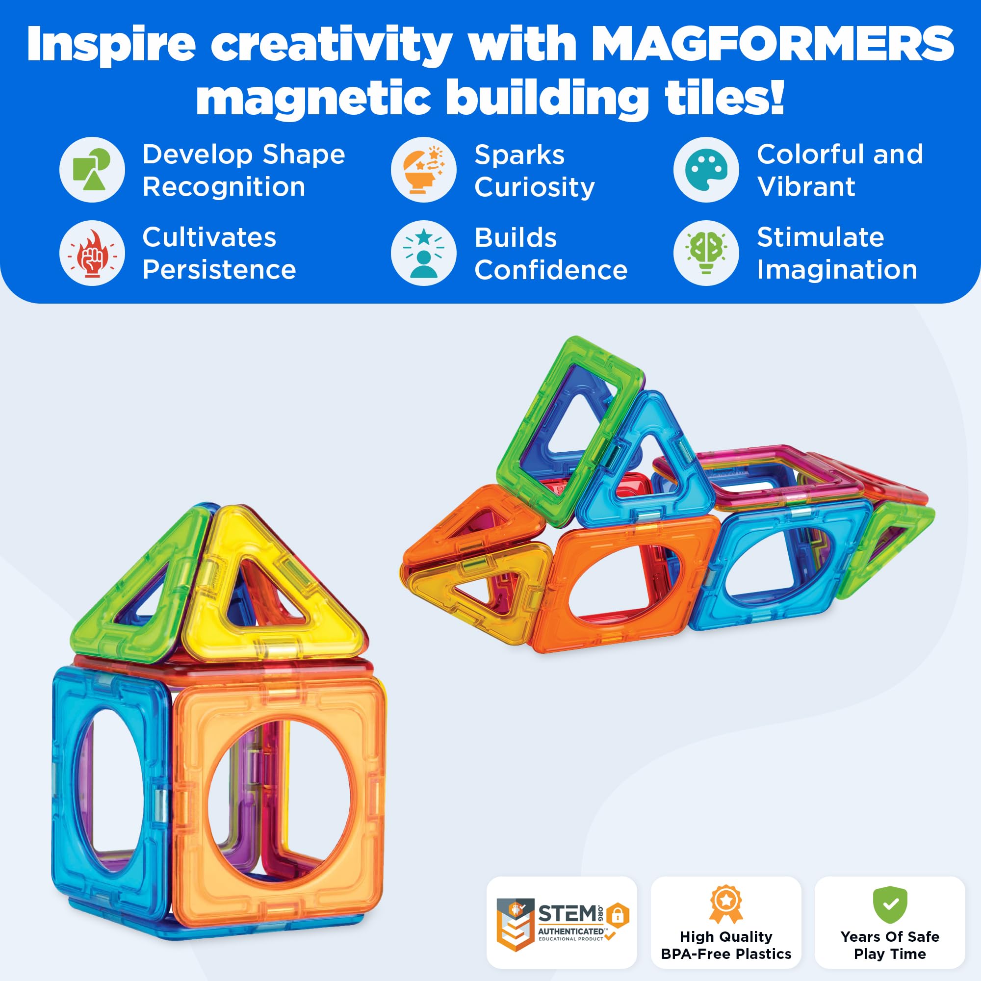 Magformers Basic Set (62-pieces) Magnetic Building Blocks, Educational Magnetic Tiles, Magnetic Building STEM Toy, Multi-colored, Model Number: 63070