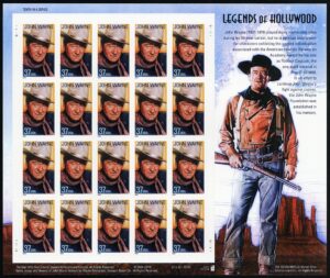 john wayne, legends of hollywood, full sheet of 20 x 37-cent postage stamps, usa 2004, scott 3876