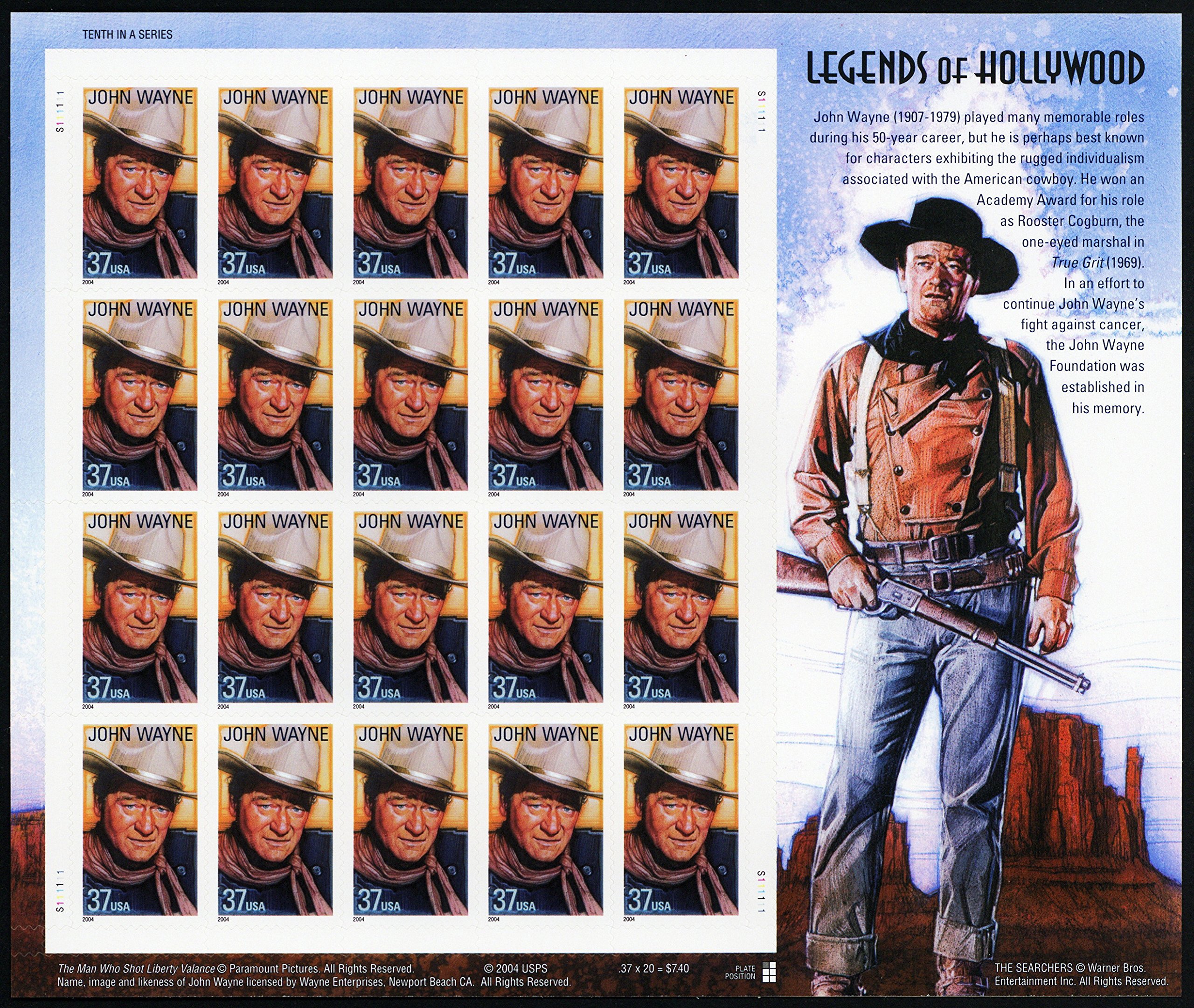 John Wayne, Legends Of Hollywood, Full Sheet of 20 x 37-Cent Postage Stamps, USA 2004, Scott 3876