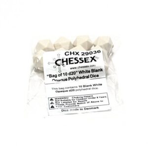 opaque 16mm polyhedral white bag of 10 blank d20 by chessex dice