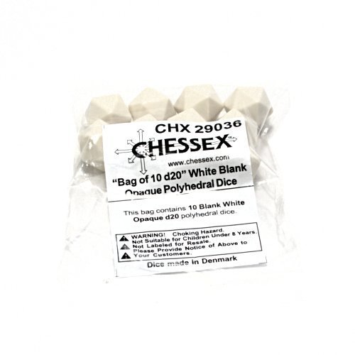 Opaque 16mm Polyhedral White Bag of 10 Blank d20 by Chessex Dice