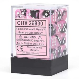 Chessex Dice d6: Gemini Black & Pink with White - 12mm Six Sided Die (36)