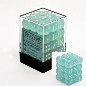 chessex dice d6 sets: frosted teal with white - 12mm six sided die (36) block of dice