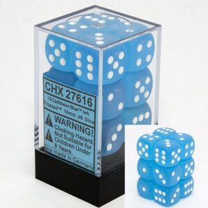 chessex dice d6 sets: frosted caribbean blue with white - 16mm six sided die (12) block of dice