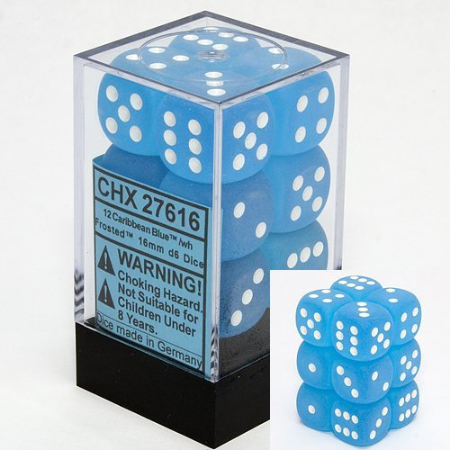 Chessex Dice D6 Sets: Frosted Caribbean Blue with White - 16Mm Six Sided Die (12) Block of Dice