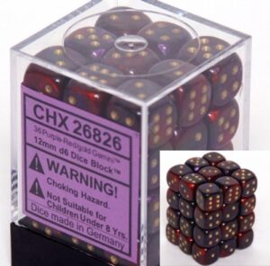 chessex dice d6 sets: gemini purple & red with gold - 12mm six sided die (36) block of dice