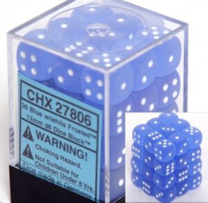 chessex dice d6 sets: frosted blue with white - 12mm six sided die (36) block of dice