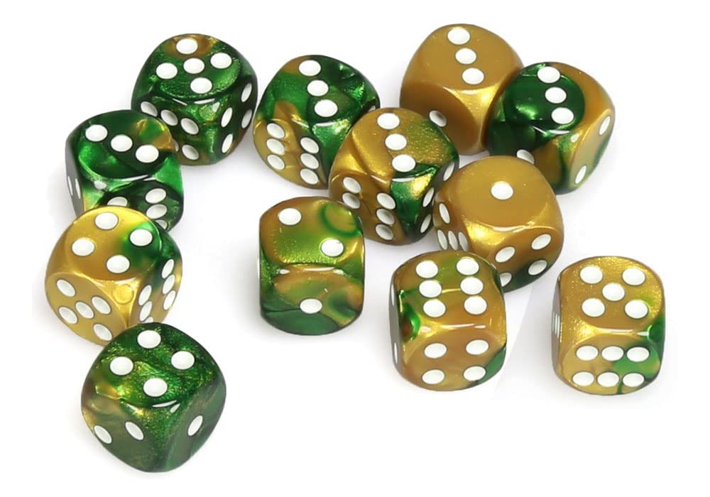 DND Dice Set-Chessex D&D Dice-16mm Gemini Gold, Green, and White Plastic Polyhedral Dice Set-Dungeons and Dragons Dice Includes 12 Dice – D6, Various (CHX26625)