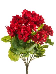 three 18" artificial geranium flower bushes in red for home, garden decoration