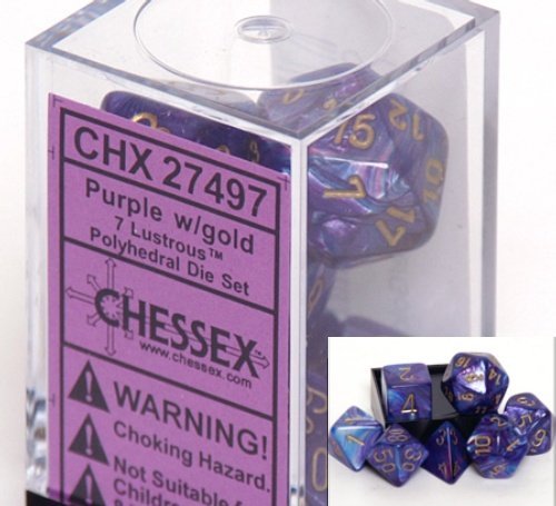 Chessex Dice: Polyhedral 7-Die Lustrous Dice Set - Purple w/gold CHX-27497