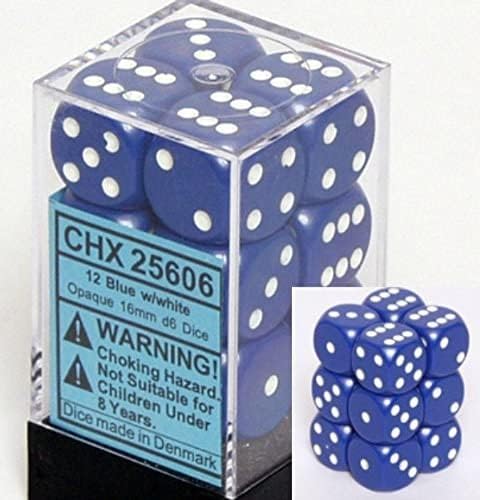 Chessex Dice d6 Sets: Opaque Blue with White - 16mm Six Sided Die (12) Block of Dice