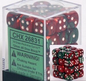 chessex dice d6 sets: gemini green & red with white - 12mm six sided die (36) block of dice