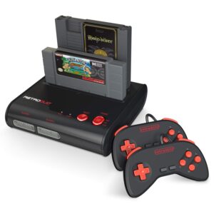 retro-bit retro duo 2 in 1 console system - for original nes/snes, & super nintendo games - black/red