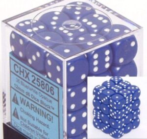 chessex dice d6 sets: opaque blue with white - 12mm six sided die (36) block of dice