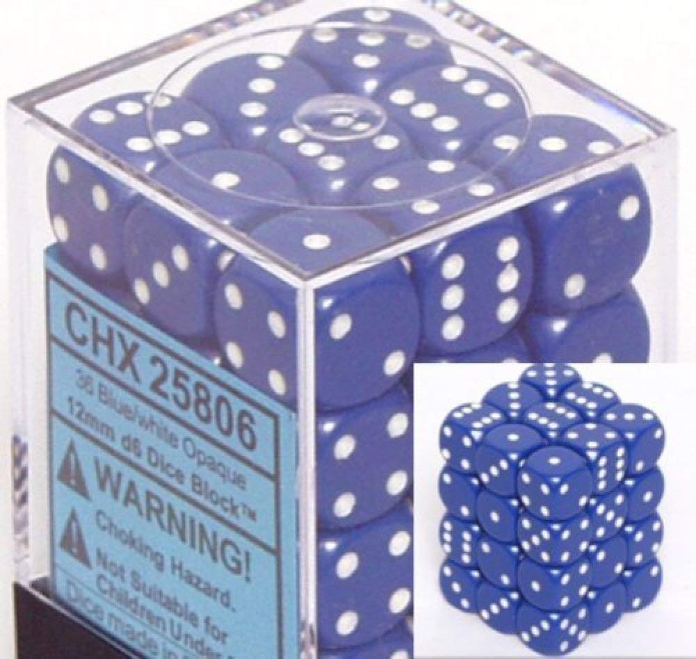 Chessex Dice D6 Sets: Opaque Blue with White - 12Mm Six Sided Die (36) Block of Dice