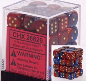 chessex dice d6 sets: gemini blue & red with gold - 12mm six sided die (36) block of dice