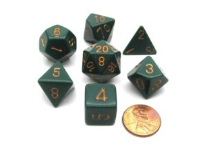 polyhedral 7-die opaque dice set - dusty green with copper