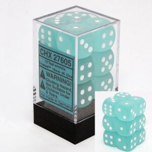 chessex dice d6 sets: frosted teal with white - 16mm six sided die (12) block of dice